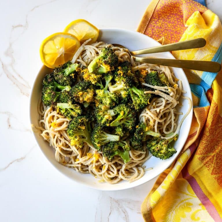Lemony Hummus Pasta with Roasted Broccoli - Veggies Save The Day