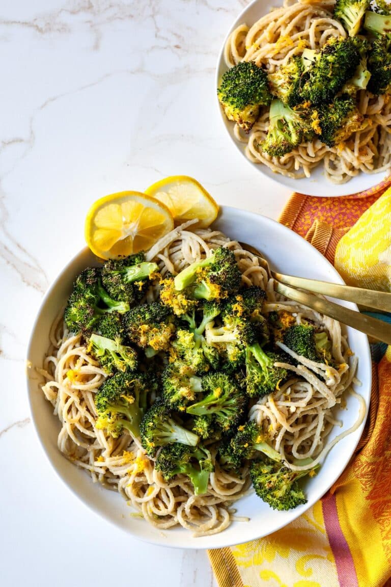 Lemony Hummus Pasta with Roasted Broccoli - Veggies Save The Day