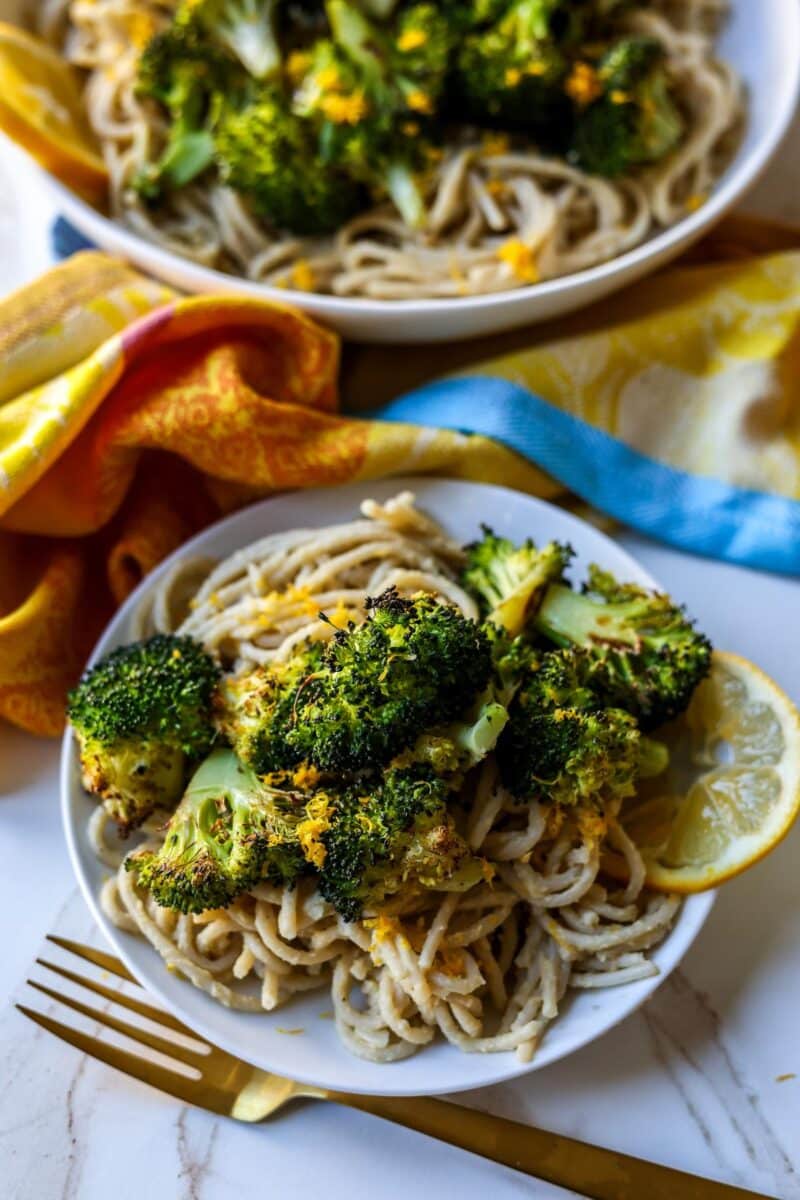 Lemony Hummus Pasta with Roasted Broccoli - Veggies Save The Day
